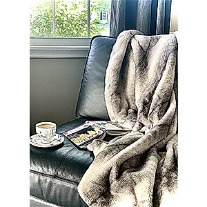 Double Sided Faux Fur Throw Blanket Silky Soft Oversized Afghan Machine Washable, Grey Striped Mink Chinchilla Shadow Fox (Charcoal, 60Wx70L)