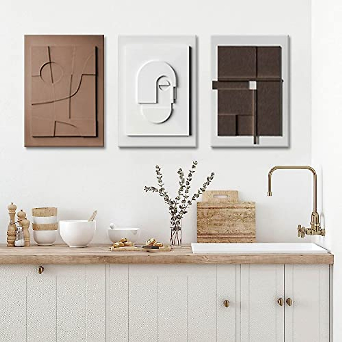 3 Pieces Brown White Geometric Abstract Minimalist Wall Art Canvas Nordic Home Decor Luxury Modern Simple Line Art Canvas Print Picture Bedroom Office Living Room Framed Size: 16 "24" 3