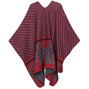 Sakkas 1928 - Lupe Womens Reversible Poncho Wrap Cape Shawl Sweater Coat Cardigan Pattern - Zigzag Burgundy - OS