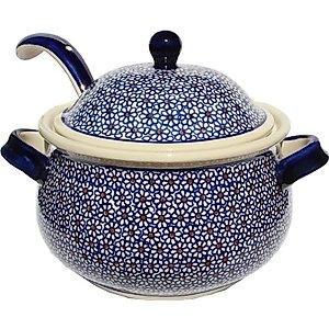 Polish Pottery Soup Tureen with Ladle Zaklady Ceramiczne Boleslawiec 1004/1367-120 Classic Pattern, 13.4 cups