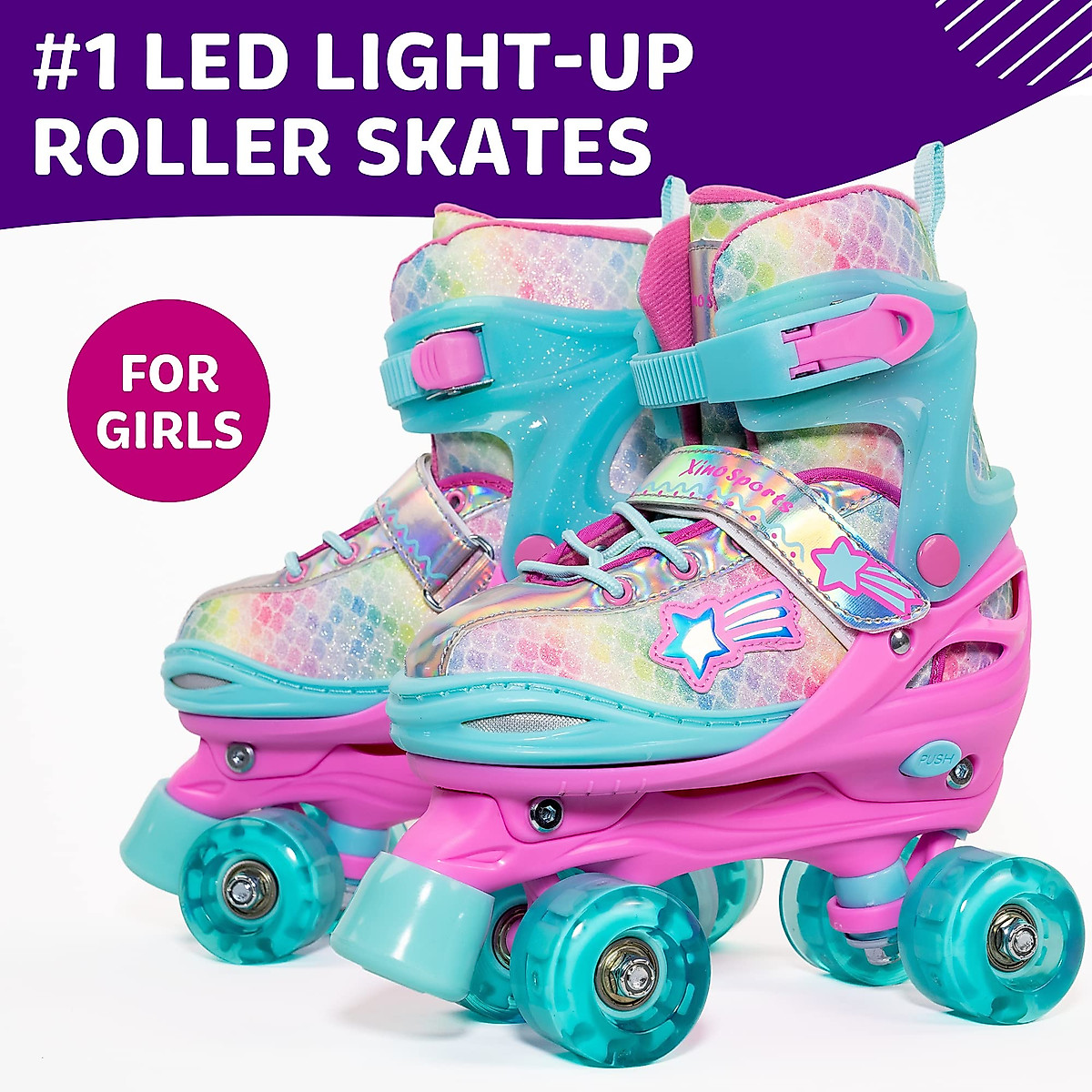 Xino Sports Roller Skates for Girls - Rainbow Light Up Kids Roller Skates Girls, Adjustable Roller Skates with Illuminating LED Wheels, Multicolor Girls Skates (Rainbow, Medium - 1-4)