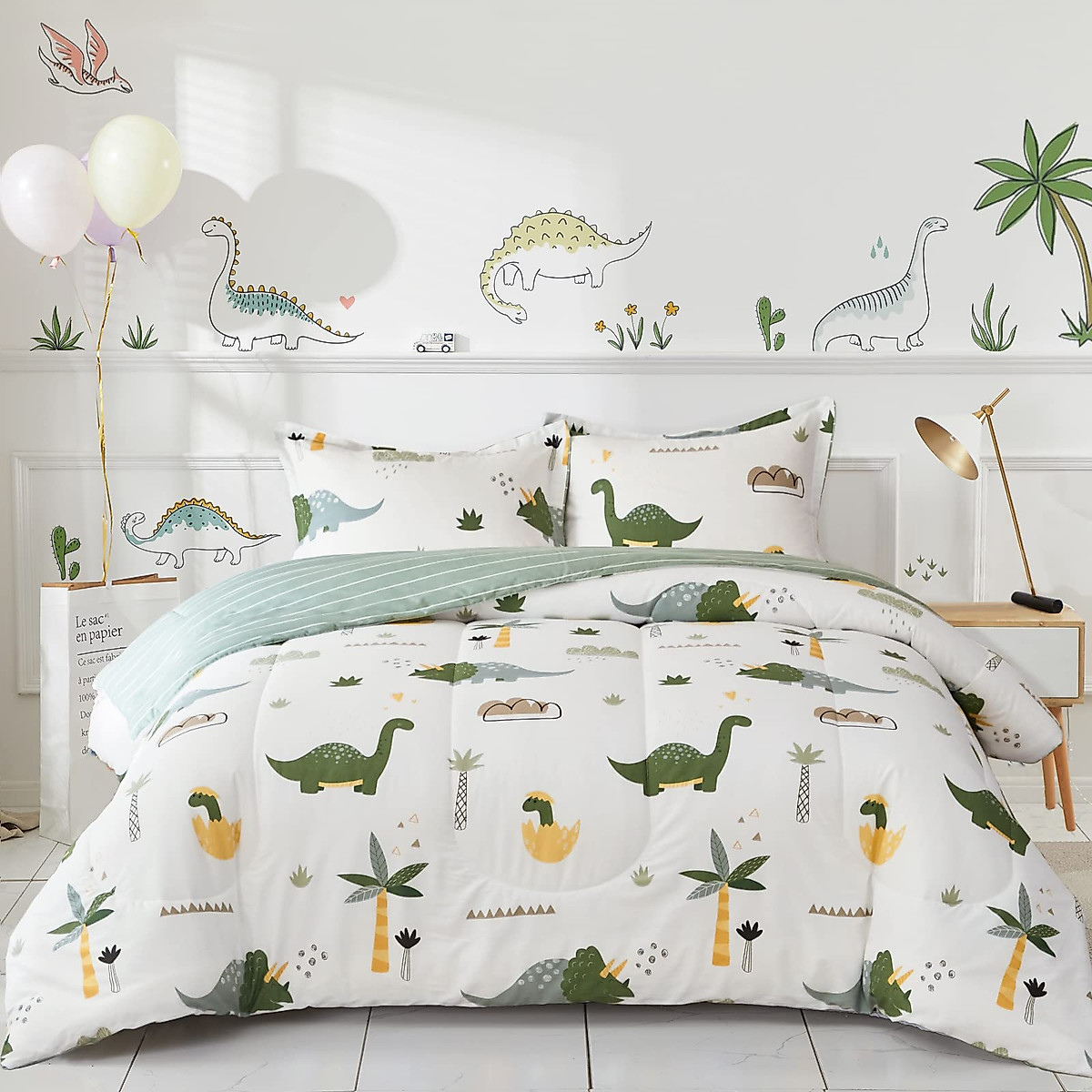 Joyreap Dinosaur Kids Cotton Comforter Set for Boys Girls, Twin Size 3pcs Cotton Bedding Comforter, Fresh Green Dinosaurs on White Design, Skin-Friendly Breathable for All Season- 68x88 inches