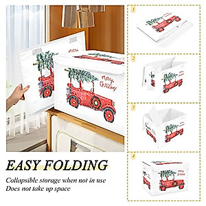 CaTaKu Retro Truck Tree Storage Bins with Lids and Handles, Fabric Large Storage Container Cube Basket with Lid Decorative Storage Boxes for Organizing Clothes