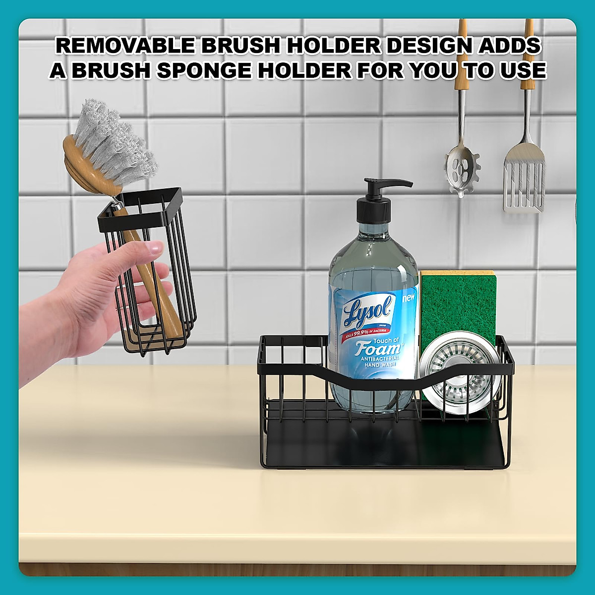 Multifunctional Sponge Holder for Kitchen Sink with High Brush Rack, Sink Caddy with Self Drain Tray, Kitchen Sink Organizer Sponge Caddy for Storage Dish Soap Dispenser - Kitchen Gadgets Accessories