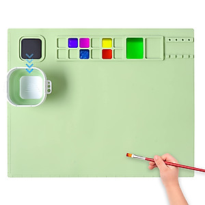 AWOKE Silicone Painting Mat - 20"X16" Silicone Art Mat with 1 Water Cup for Kids - Silcone Craft Mat has12 Color Dividers - 2 Paint Dividers (Green)