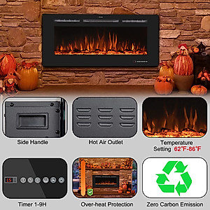 Benrocks 42'' Electric Fireplace Inserts, Recessed & Wall Mount Electric Heater and Linear Fireplace with Remote Control, Adjustable Flame Color, Temperature, Timer 750/1500W Black…