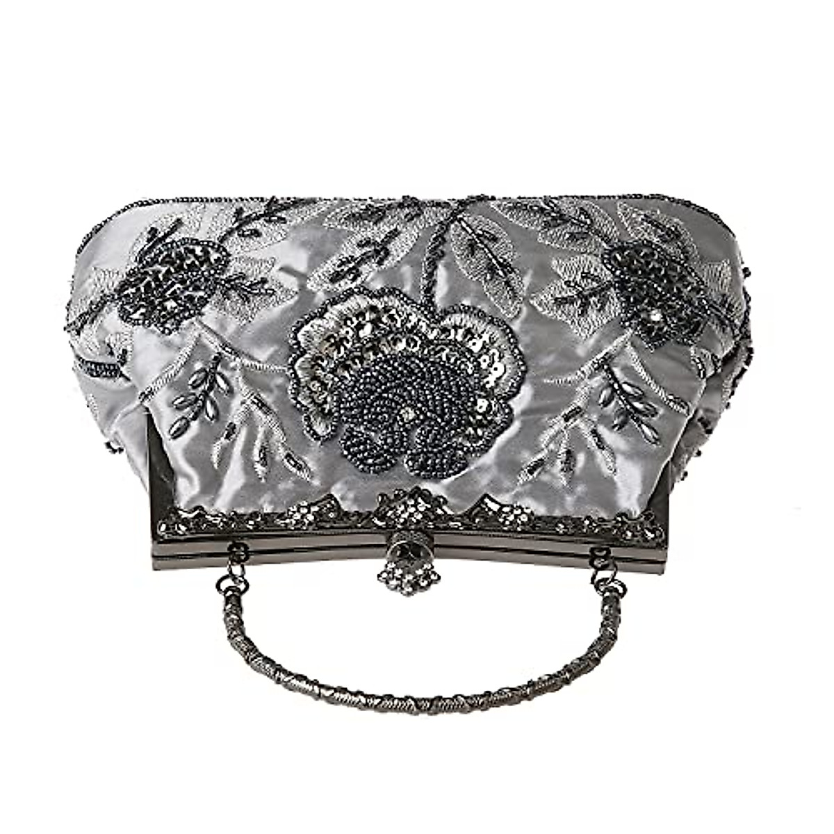 GUOZI Vintage Floral Beaded Rhinestone Embroidery Clutch Sequin Wedding Party Prom Bag Crossbody Evening Handbag for Bridal Ladies (Grey)