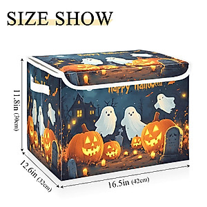 Storage Bins with Lids and Handles,Halloween Background with Pumpkins Ghosts and Cemetary Storage Box Storage Basket with Cover Collapsible Organizer Containers for Home Closet, Shelves