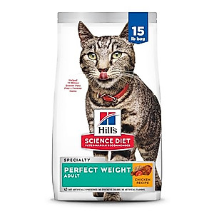 Hill's Science Diet Perfect Weight, Adult 1-6, Weight Management Support, Dry Cat Food, Chicken Recipe, 15 lb Bag