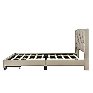 Goohome Queen Size Platform Bed with 2 Storage Drawers, Linen Upholstered Queen Bedframe with Headboard and Sturdy Wood Slats, Noise-Free, No Box Spring Needed, for Boys Girls Teenager