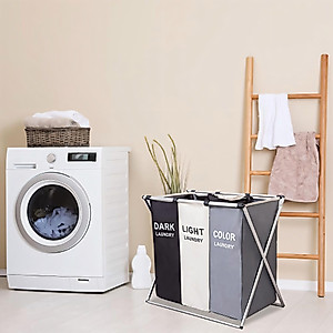 Timoau Laundry Basket - Waterproof Clothes Hamper with 3 Sections, Foldable Laundry Sorter Basket Bin w/Aluminum Frame, Laundry Hamper Ideal for Bathroom, Bedroom, Dorm