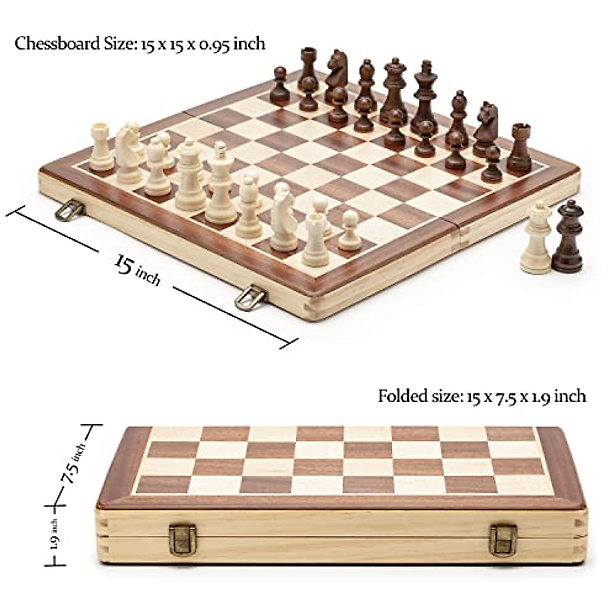 A&A 15 inch Foldable Wooden Magnetic Chess Set w/ 3 inch King Height Staunton Chess Pieces - Pine Box w/Mahogany & Maple Inlay