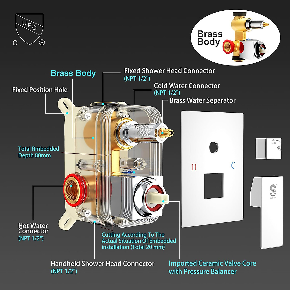 SR SUN RISE 12 Inch Slide Bar Shower System, Square Rain Shower Head and Handheld Spray, Wall Mounted Shower Faucets Sets Complete Included Valve and Shower Trim Kit, Polished Chrome