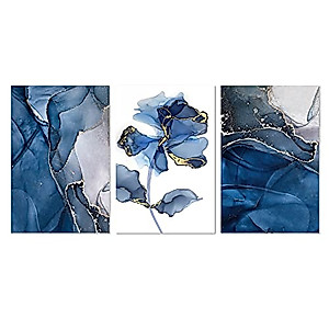 Abstract Grey White Navy Blue Large Wall Painting Canvas Wall Art Blue Marble Picture for Bedroom Wall Decor Modern Abstract Picture Canvas Artwork White and Blue Flower Art 16x24inchx3pcs No Frame