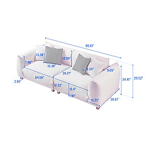 EMKK 86'' Velvet Couch Sofa Mid-Century Modern Teddy Upholstery Love Chesterfield 3 Seat Sofá for Living Room Apartment, White