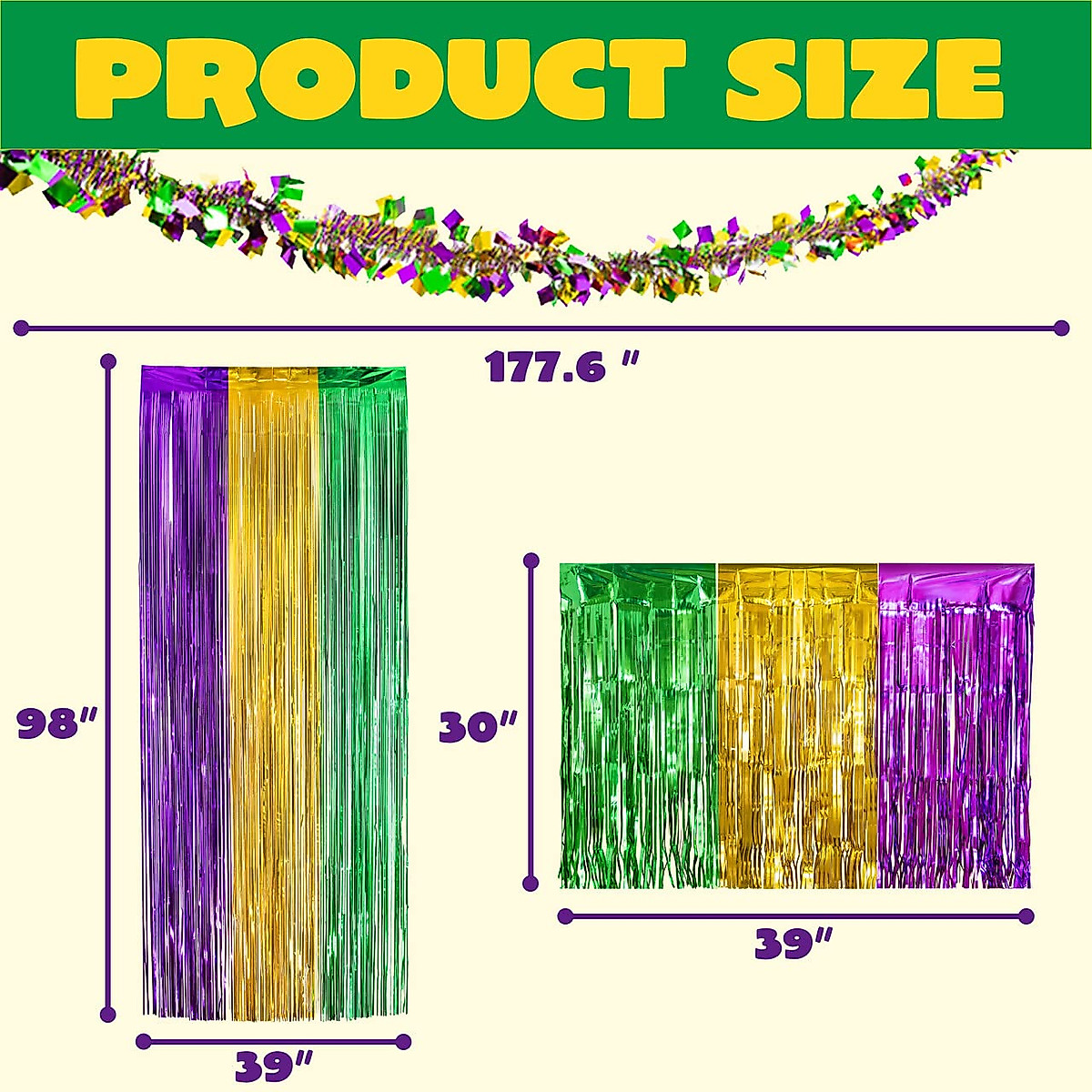 JOYIN 5PCS Mardi Gras Party Decoration with 1 PCS Fringe Curtain, 3 PCS Table Skirt and 1 PCS Garland Pack Mardi Gras Party Favor Supplies