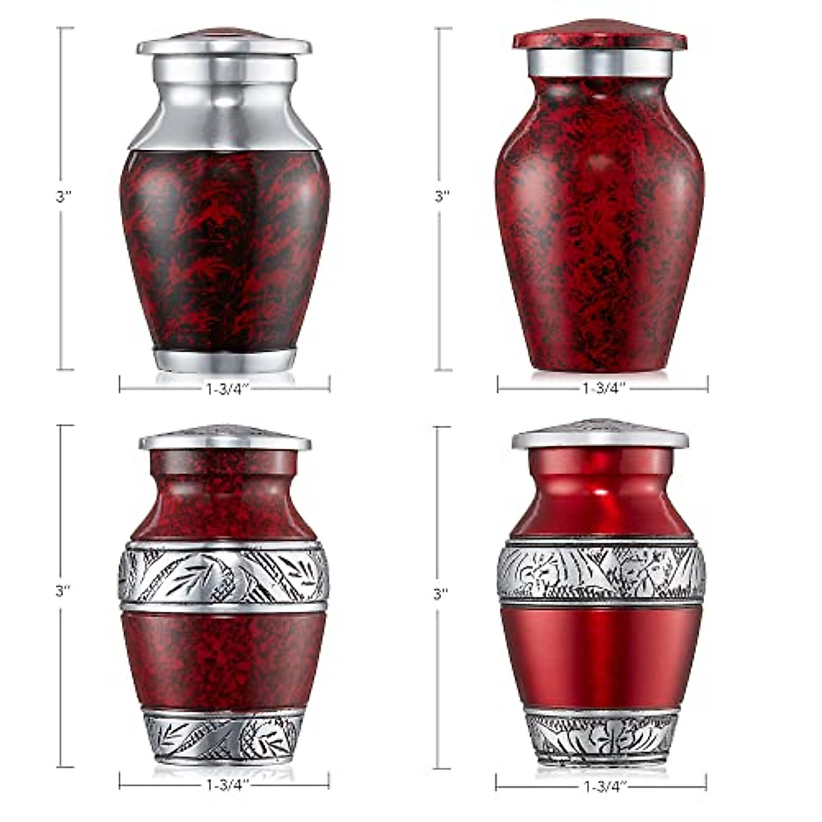 Reminded Small Cremation Keepsake Urns for Human Ashes, Set of 4 Red and Silver Miniature Urns with Velvet Case and Bags