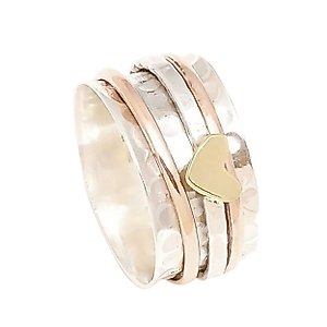 925 Sterling Silver Spinner Ring Meditation Ring Anxiety Ring with Brass Hearts and Fidget Bands Worry Band (8.5)