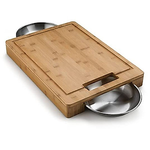 Napoleon PRO Bamboo Cutting Board with Stainless Steel Bowls 70012 Naturally Cutting Board with Two Stainless Steel Bowls, Chopping and Carving Meat