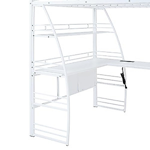 HAUSHECK Full Size Loft Bed with L-Shaped Desk & 4-Tier Open Shelves & Sockets & USB Ports & Wireless Charging Design, Sturdy Metal Bedframe w/Ladder & Safety Guardrails for Kids Teens Adults