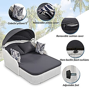 XYFDDWM 79.9" Outdoor Sunbed with Adjustable Canopy, Double Lounge, PE Rattan Daybed, White Wicker, Gray Cushion (White)