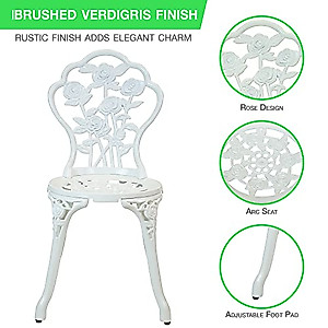 Patio Premier 217004 3pc Outdoor Rose Garden Bistro Set, Cast Iron and Aluminum Frame, White