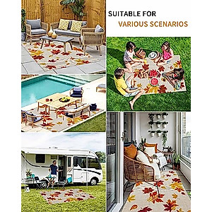 Autumn Maple Leaf Indoor/Outdoor Rug Mat Fall Thanksgiving Day Outside Carpet RV Camping Area Rugs with Rubber Backing for Living Room/Backyard Floor Decor Falling Leaves Seamless on Linen,4x6ft