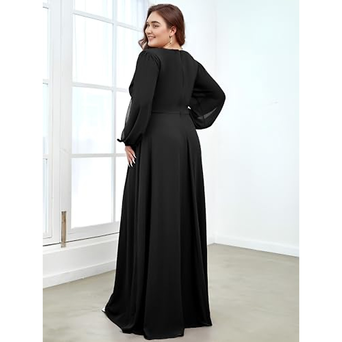 Ever-Pretty Plus Women's Plus Size A-line Floor-Length Long Sleeves V Neck Formal Party Dress Black US20