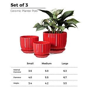 Ton Sin Ceramic Plant Pots - 4/5/6 Inch Red Planters Set of 3 with Drainage Holes and Saucer - Indoor Flower Pots for Plants Ceramic Planters for Indoor Gardening Succulent Pots