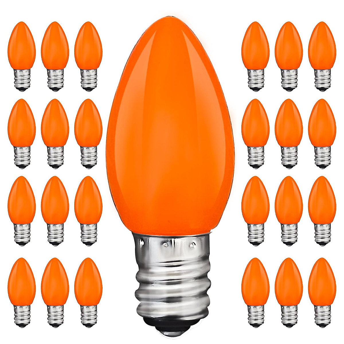 C7 LED Night Light Bulbs, Halloween LED Orange Replacement Bulbs for Outdoor String Lights & Window Candles Chandeliers, E12 Candelabra Base, 0.6 Watt Equivalent to 7 Watt Incandescent Bulb, 25 Pack