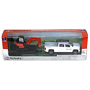 New Ray New 10" NEWRAY KUBOTA Collection - Kubota KX040 Excavator with White Ford F-250 Super Duty Pickup & Trailer (Orange, Black) Model Toys