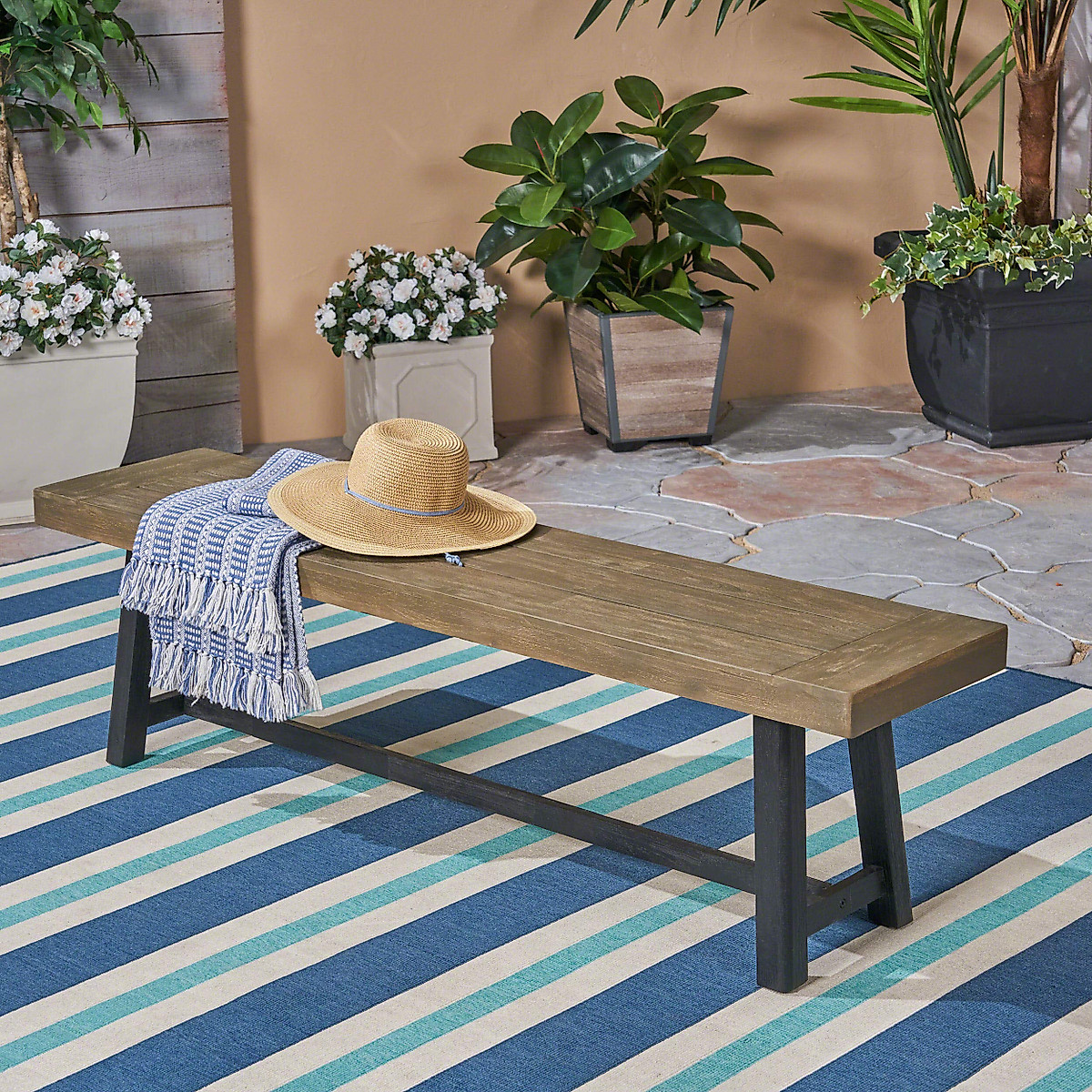 Christopher Knight Home Toby Outdoor Acacia Wood Bench, Sandblast Gray Finish and Black