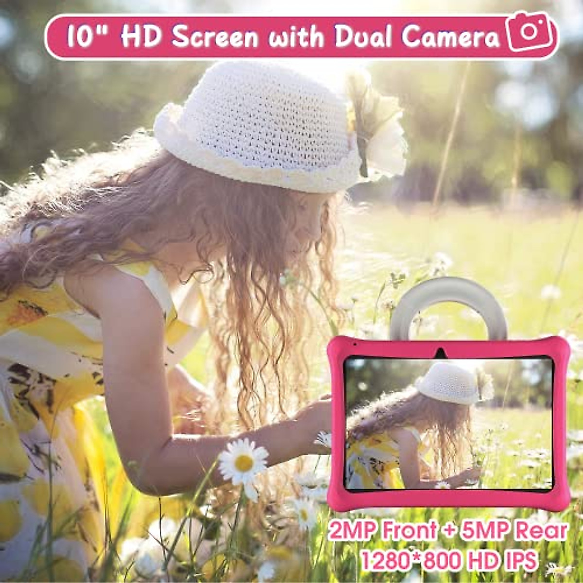 SGIN 10 Inch Kids Tablet, 2GB+64GB Kids Tablets with Case, Android 12 Tablet for Kids, WiFi, Dual Camera, Educational Games，iWawa Pre Installed, Parental Control APP (Pink)