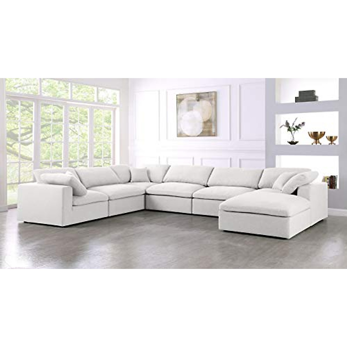 Meridian Furniture Serene Collection Modern | Contemporary Deluxe Comfort Modular Sectional, Soft Linen Textured Fabric, Down Cushions, 3 Corner + 3 Armless + 1 Ottoman, Cream