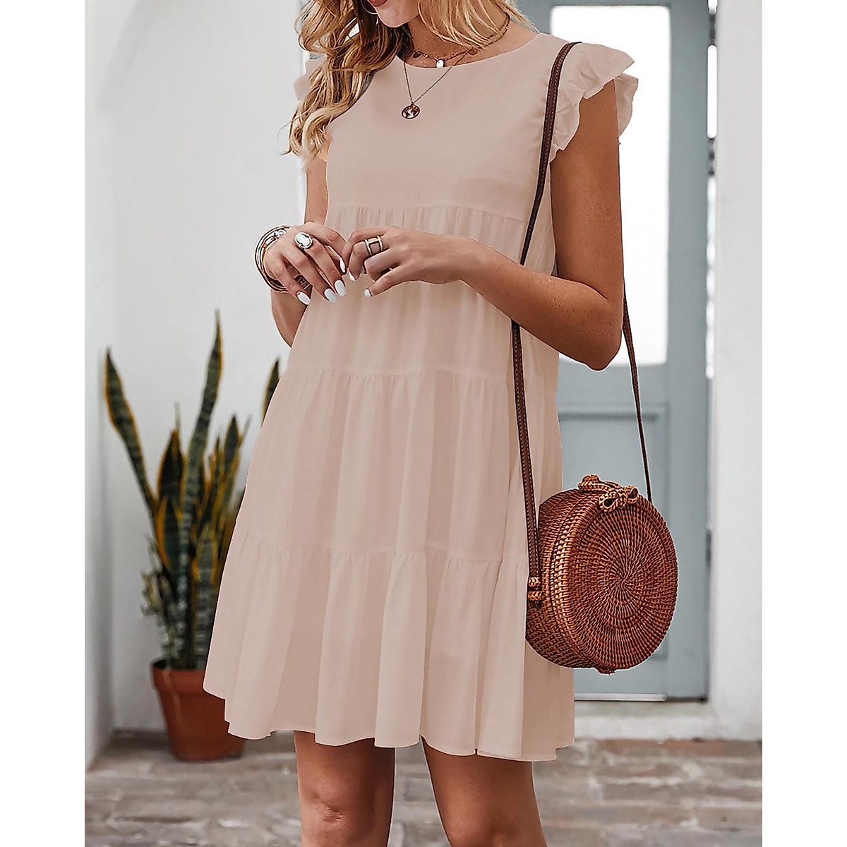 KIRUNDO Women's Summer Dresses 2024 Sleeveless Ruffle Sleeve Round Neck Solid Loose Short Flowy Pleated Mini Babydoll Dress, Apricot, Medium