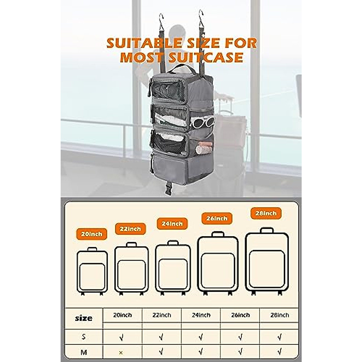 ELEZAY Hanging Packing Cubes with Compression Capability Portable 4-Shelf Closet for Travel Collapsible Space Saver Bag Clothes Organizer for Carry-on Luggage Suitcase Small_18*9 * 7 IN, Lightgrey