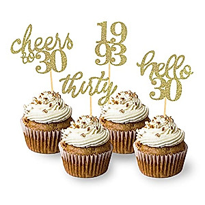 24 PCS Gold Glitter 30th Birthday Cupcake Toppers for Celebrating Thirty Years Old Birthday Party Decorations for 30th Anniversary Party Supplies