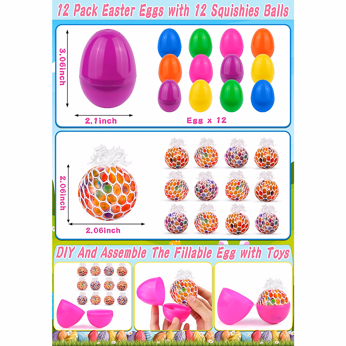 12 Pack Easter Eggs Filled with LED Stress Balls Fidget Toys, Easter Eggs Fillers Light Up Squishies Squeeze Ball Sensory Toys Easter Hunts Party Favors Easter Basket Stuffers for Kids Boys Girls