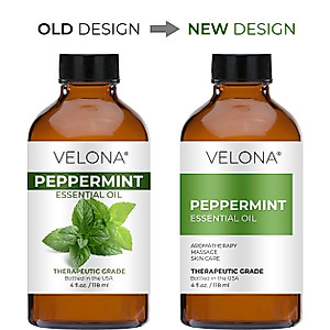 Peppermint Essential Oil by Velona - 4 oz | Therapeutic Grade 100% Pure and Natural | for Aromatherapy Diffuser, Massage, Skincare, Haircare, Soapmaking | Undiluted and Multipurpose in Glass Bottle