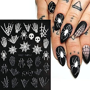 6 Sheets Halloween Nail Stickers 5D Stereo Relief Nail Decals for Acrylic Nail Art Gothic Evil Eyes Ghost Face Skeleton Pegatinas Uñas Self-Adhesive Nail Art Supplies Sky Wings Design Nail Accessories