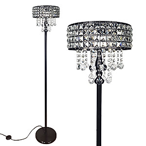 beaysyty Modern K9 Clear Glass Crystals Floor Lamp with 3 LED Bulbs, Crystal & Glass 3-Lights Black Standing Light, Reading Corner Lamp for Living Room Bedroom