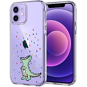 Unov Case Compatible with iPhone 12 Mini Case Clear with Design Slim Protective Soft TPU Bumper Embossed Pattern 5.4 Inch (Rainbow Dinosaur)