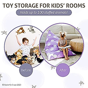 Butterfly Craze Bean Bag Chair Cover, Functional Toddler Toy Organizer, Fill with Stuffed Animals to Create a Jumbo, Comfy Floor Lounger for Boys or Girls, Stuffing Not Included, Purple Polka Dots