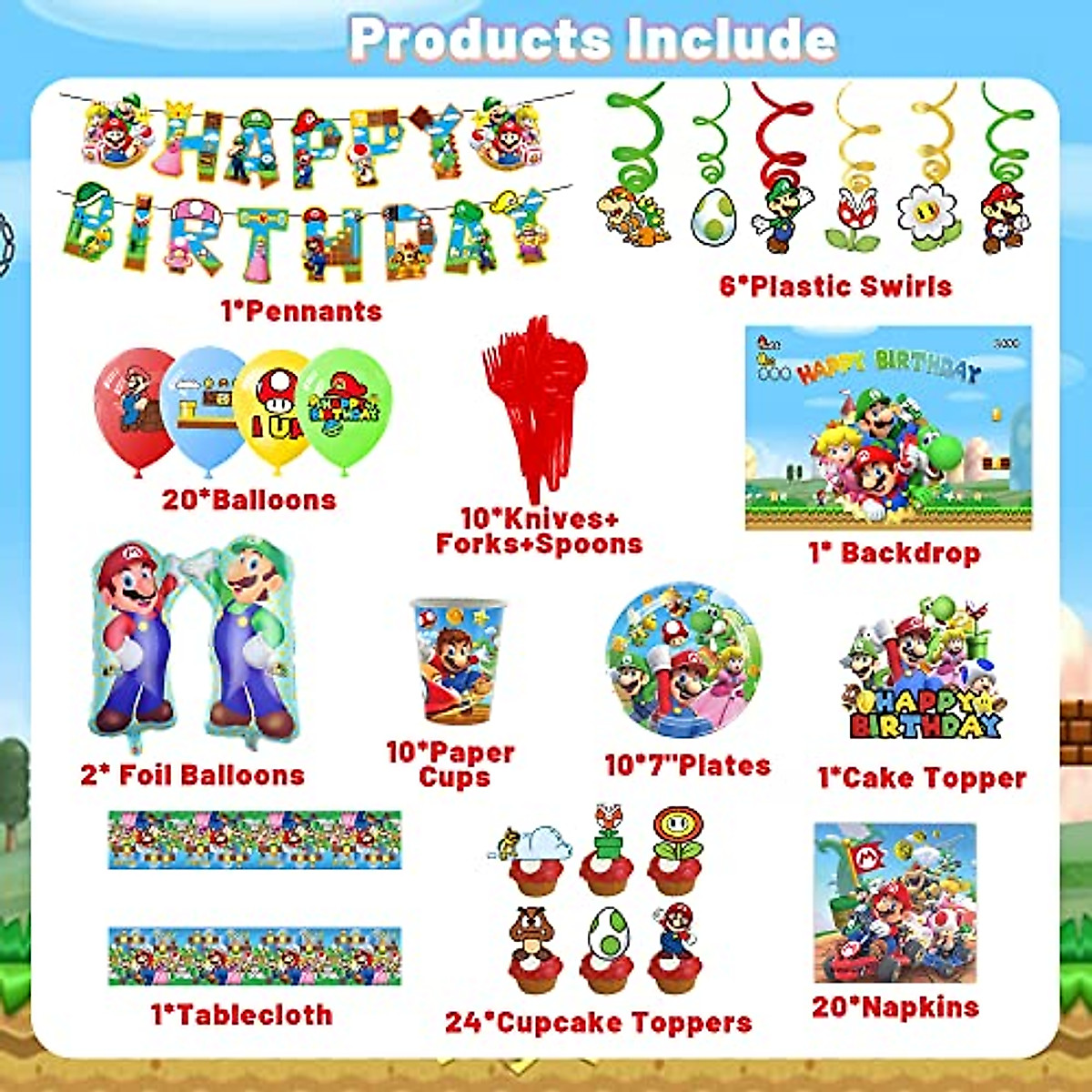 Game themed birthday party decorations for boys and girls with Plant Balloon,Tableware,Paper Cup,Tablecloth, Backdrop Super Movie Theme Party