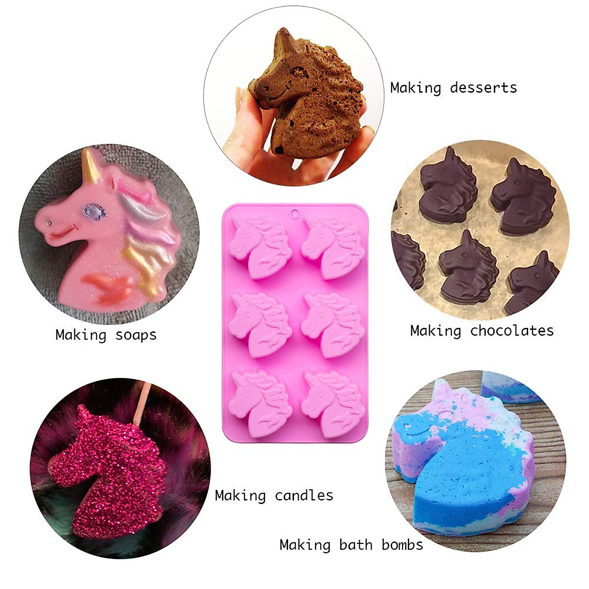 Fewo 6 Cavities Unicorn Head Cupcake Mold, Non-stick Unicorn Shaped Silicone Mould for Party Cakes Soaps Bath Bombs Jello Shots Kids' Baking Supplies