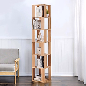 Rotating Bookshelf,6 Tier 360 Floor Standing Revolving Bookcase Storage Rack,Wood Narrow Bookshelf for Small Space,Corner Book Shelf Organizer for Bedroom, Living Room (Burlywood)