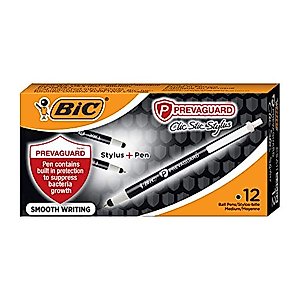 BIC PrevaGuard Clic Stic Ballpoint Pen & Stylus, With Built-in Protection To Suppress Bacteria Growth, Medium Point (1.0mm), Black, 12-Count