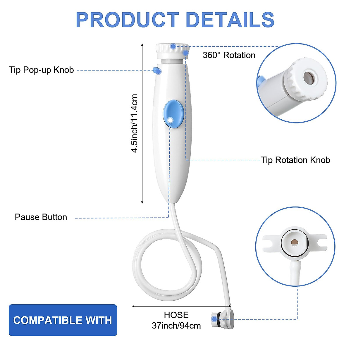 BBTO Oral Hygiene Accessories Standard Water Hose Plastic Handle with Water Flosser Replacement Jet Tip, Compatible with Waterpik Oral Irrigator WP-100 WP-300 WP-660 WP-900 (4 Pieces)