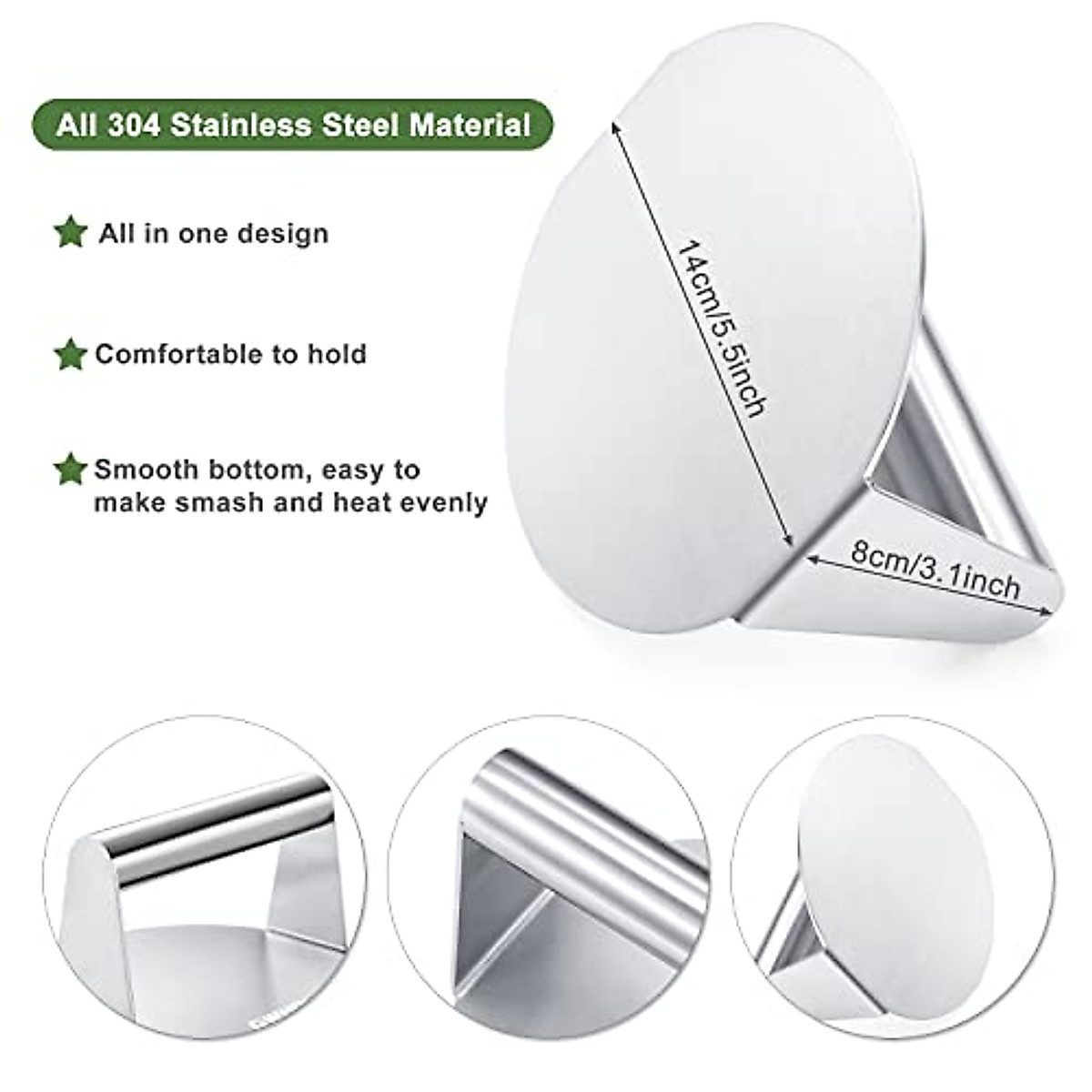 GWHOLE Bacon Sausage Burger Press Hamburger Sandwich Meat Patty Kibbeh Smasher Maker Mold For Flat Top Griddle Grill Cooker 304 Stainless Steel 5.5 inch Round