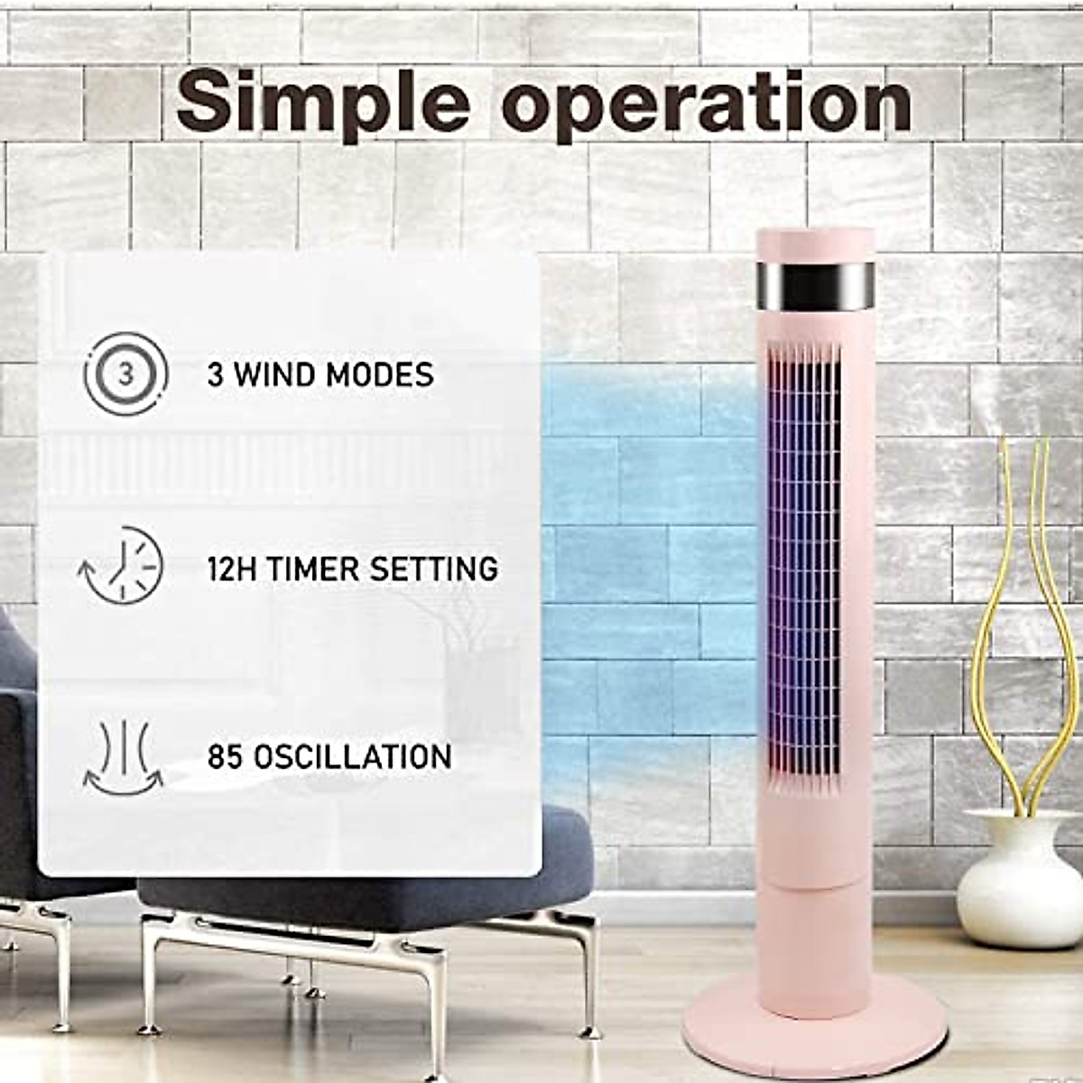 R.W.FLAME Tower Fan with Oscillation, Remote Control, 3 Wind Modes,Time Settings, Portable Bladeless Floor Fans for Home with Children/Pets/Elders(Pink, 43")